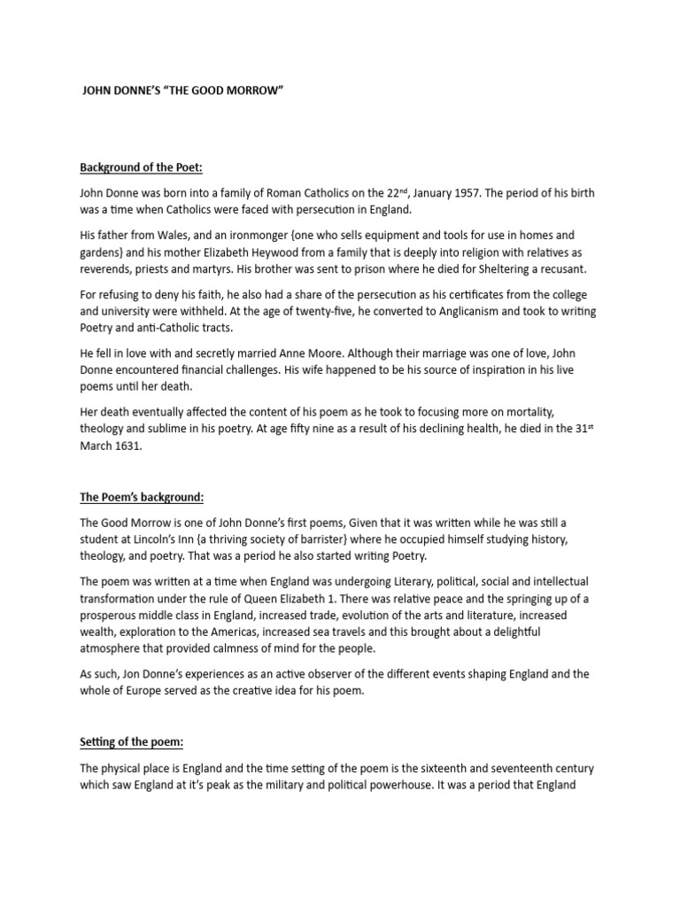 The Good Morrow by John Donne. | PDF | Poetry | Love