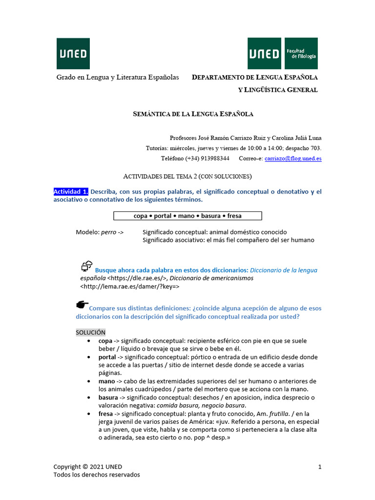 ACTIVIDADES CON SOLUCIONES Unidad 2 20 21 | PDF | Diccionario | Lingüística