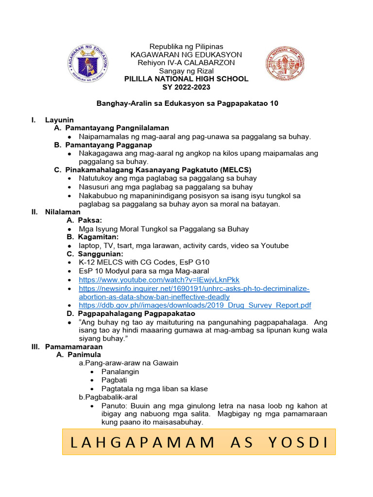 EsP10 LESSON PLAN | PDF