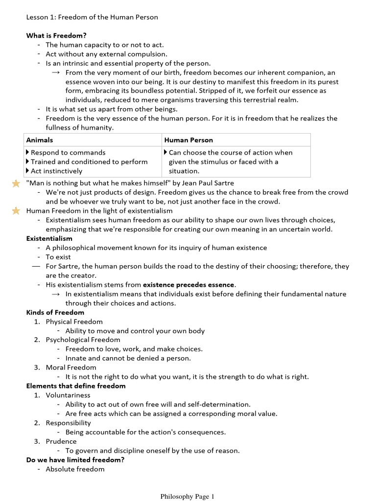Lesson 1 Freedom of The Human Person | PDF | Free Will | Existentialism