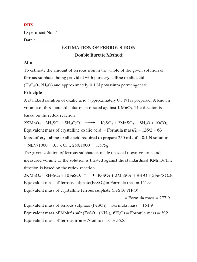 Estimation of Ferrous Iron by Titration | PDF | Titration | Chemistry