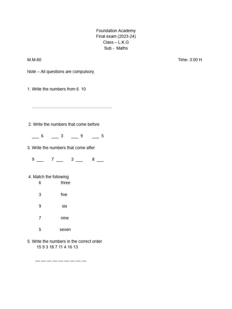 LKG Maths Final Exam Question Paper | PDF