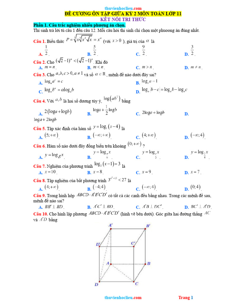 De Cuong On Tap Giua HK2 Toan 11 KNTT | PDF