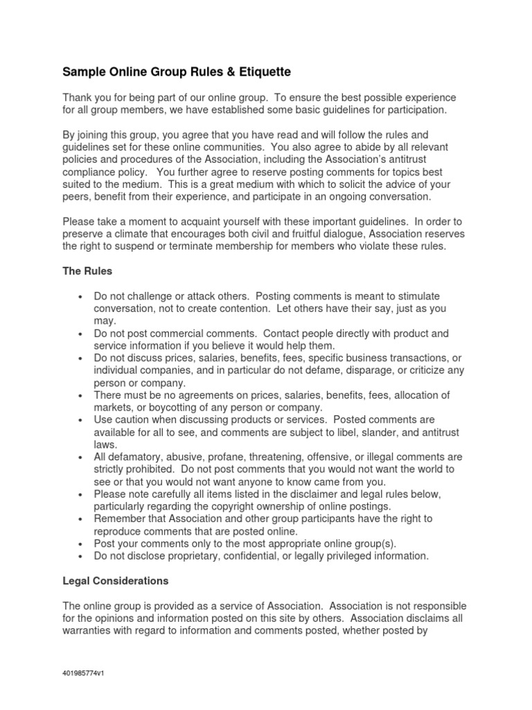 Sample Online Group Rules Etiquette | PDF | Copyright | Defamation Sample Online Group Rules Etiquette | PDF | Copyright | Defamation