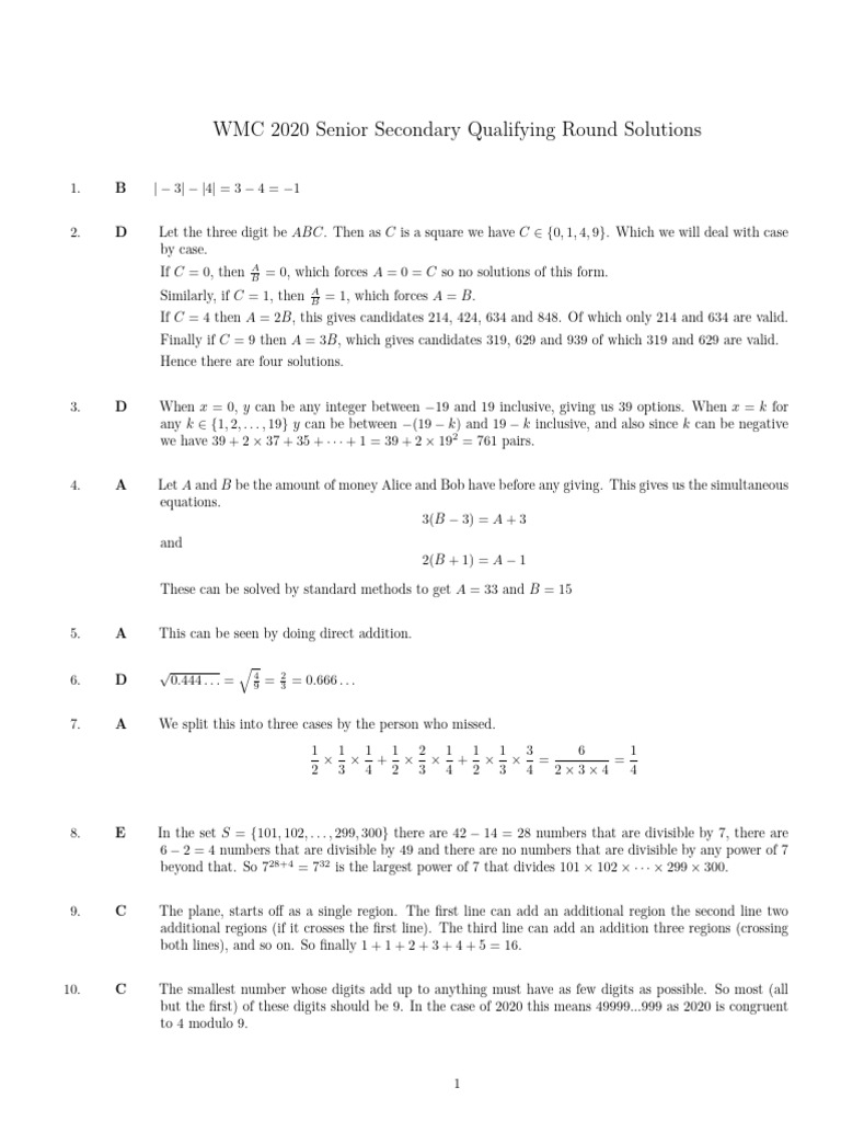 WMC 2020 Senior Secondary Solutions | PDF | Numbers | Algebra