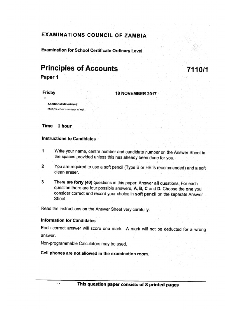 2017 Principles of Accounts Paper 1 Past Paper | PDF
