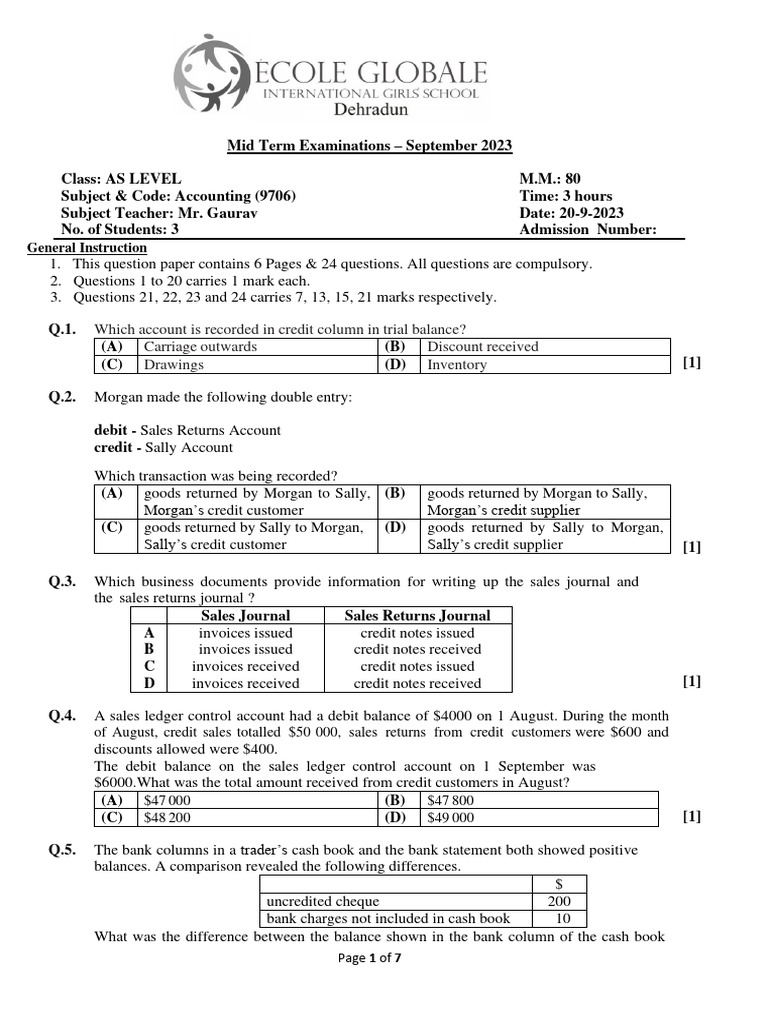 QP - As Level (Acc) (20.9.23) - MT Exam - 23-24 | PDF | Debits And Credits | Banks