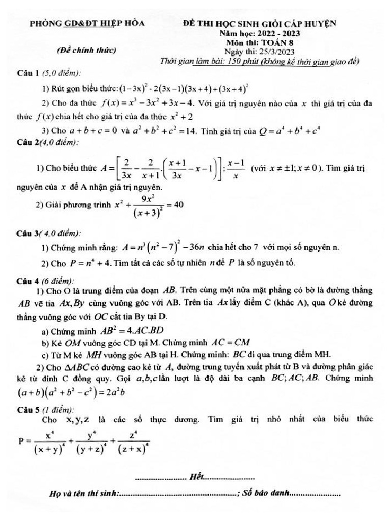 De HSG Cap Huyen Toan 8 Nam 2022 2023 Phong GDDT Hiep Hoa Bac Giang | PDF