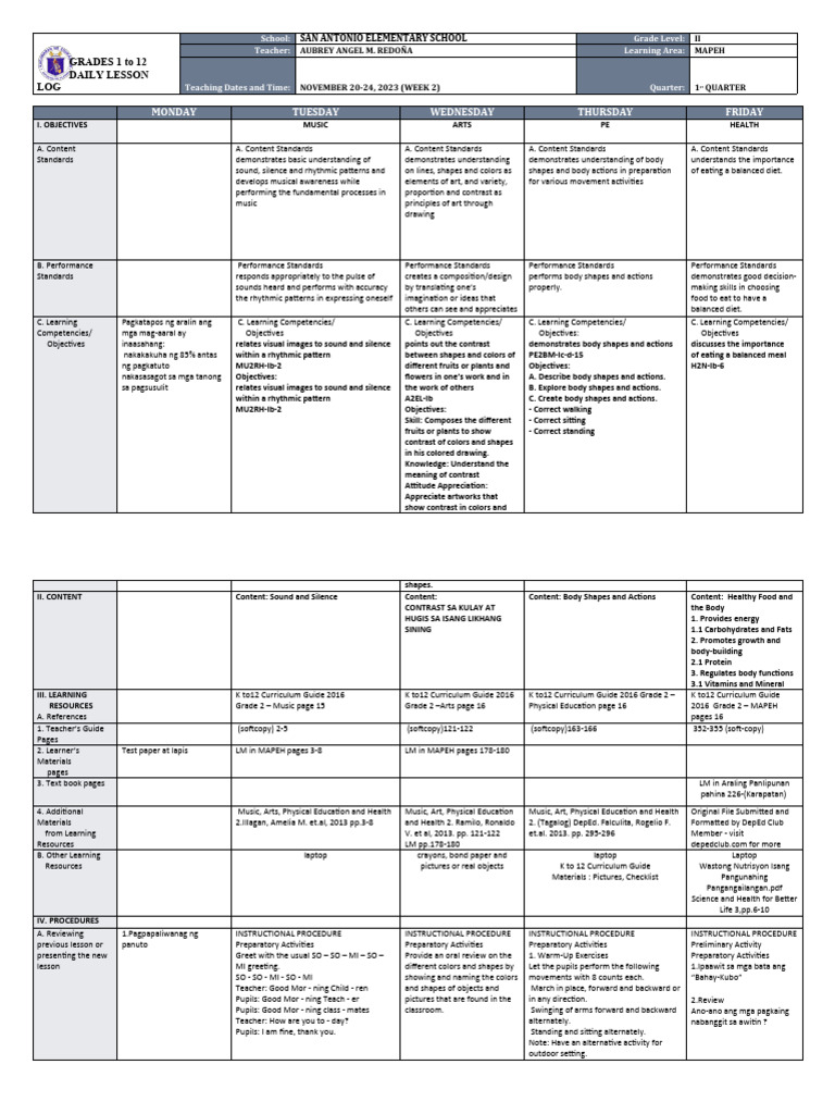 DLL Mapeh Q1 W2 | PDF
