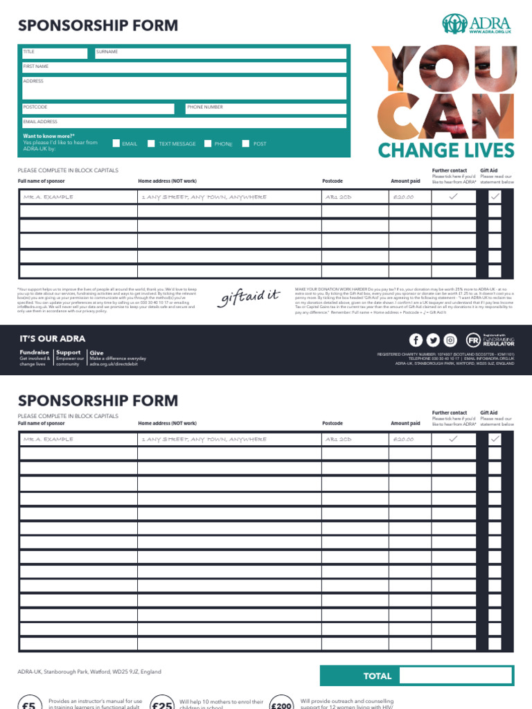 Printable ADRA Sponsorship Form 3 | PDF | Donation | Payments