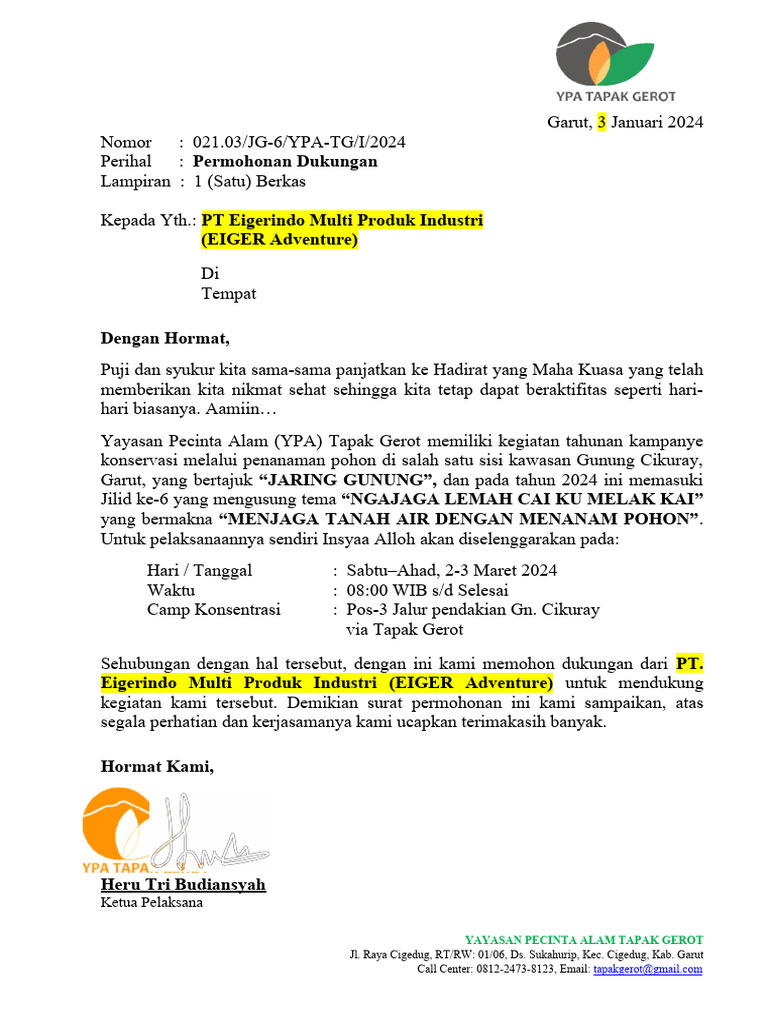 Surat Pengantar Proposal EIGER Adventure | PDF