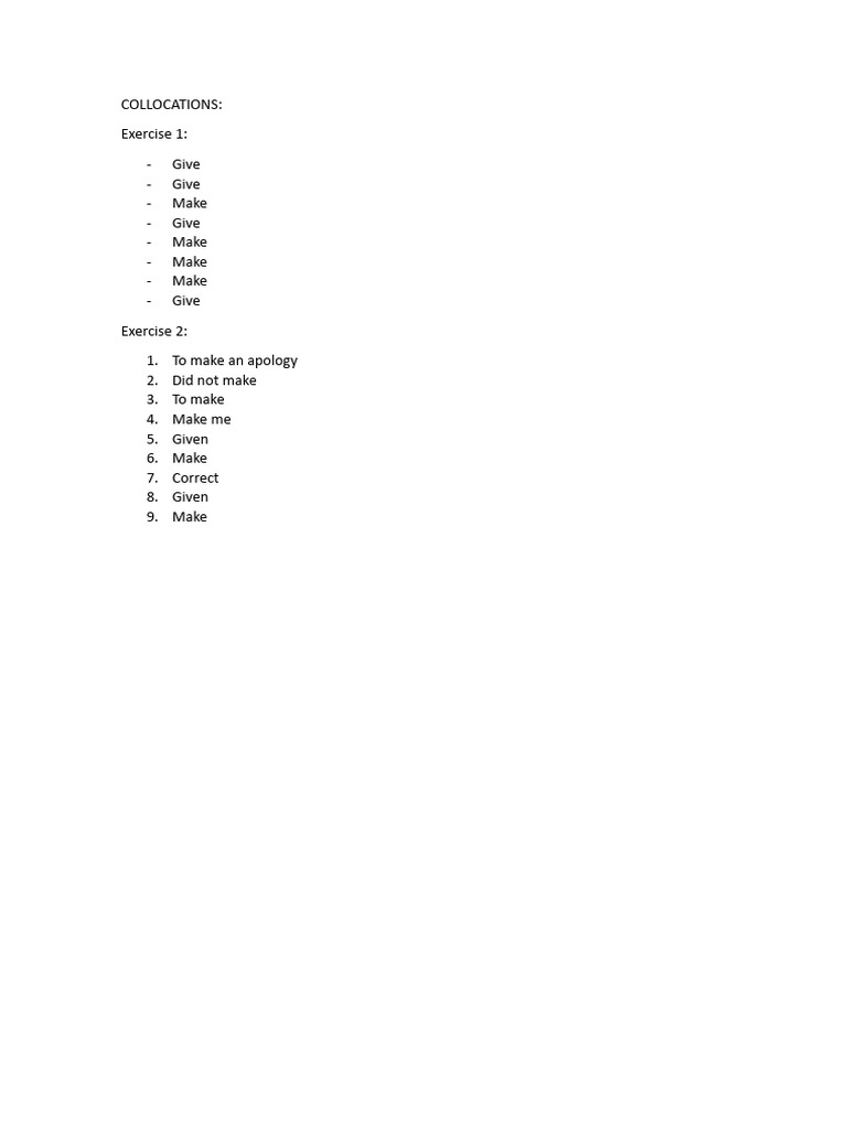 Collocations: Give and Make Exercises | PDF
