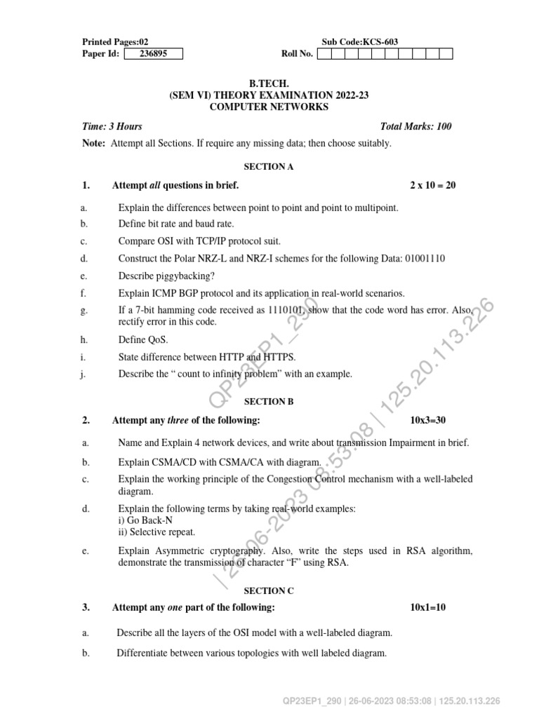 Btech Cs 6 Sem Computer Networks Kcs 603 2023 | PDF | Computing | Information And Communications ...