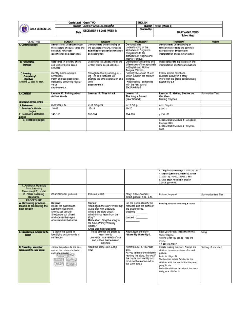 English 2 DLL Q2 Week4 | PDF | English Language | Verb