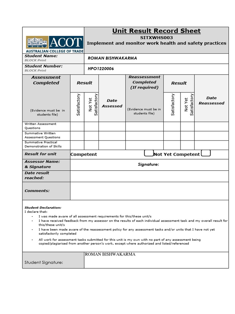 Unit Result Record Sheet: Roman Bishwakarma HPO1220006 Assessment ...