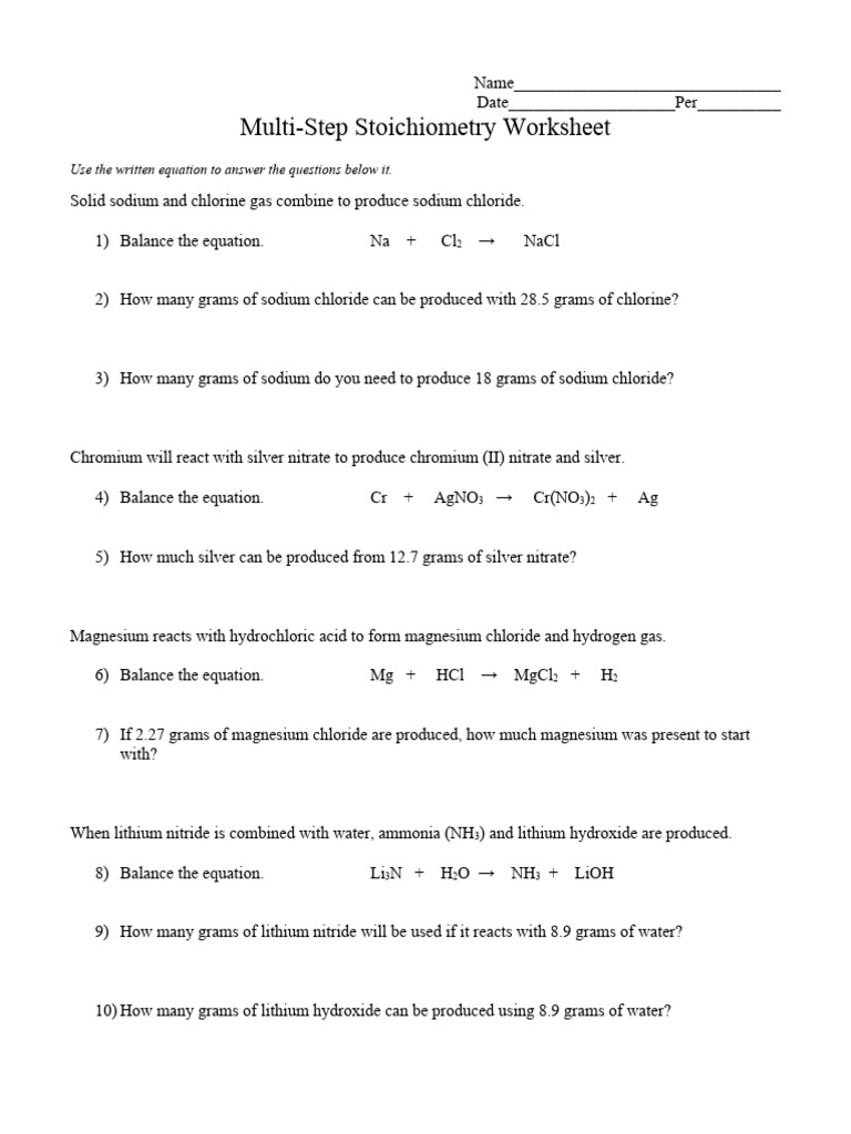 Multi Step Stoichiometry Worksheet Reno | PDF