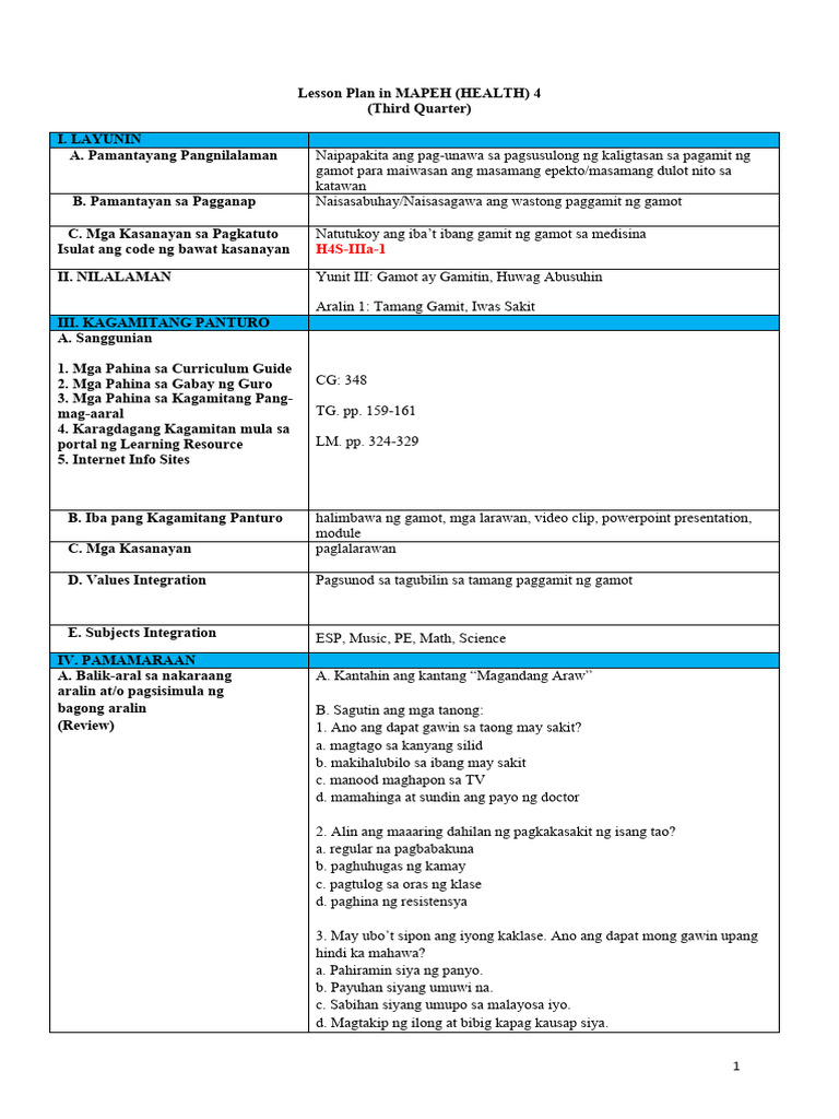 LESSON PLAN COT 3RD QUARTER MAPEH Health | PDF