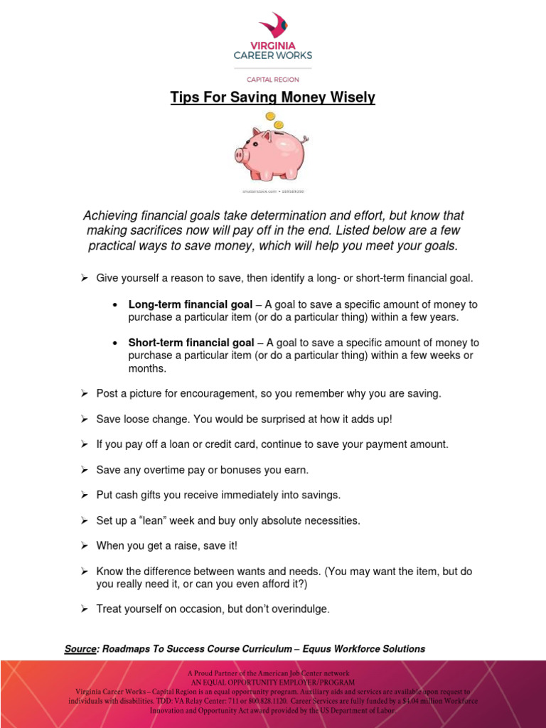 Tips For Saving Money Wisely Handout Update | PDF