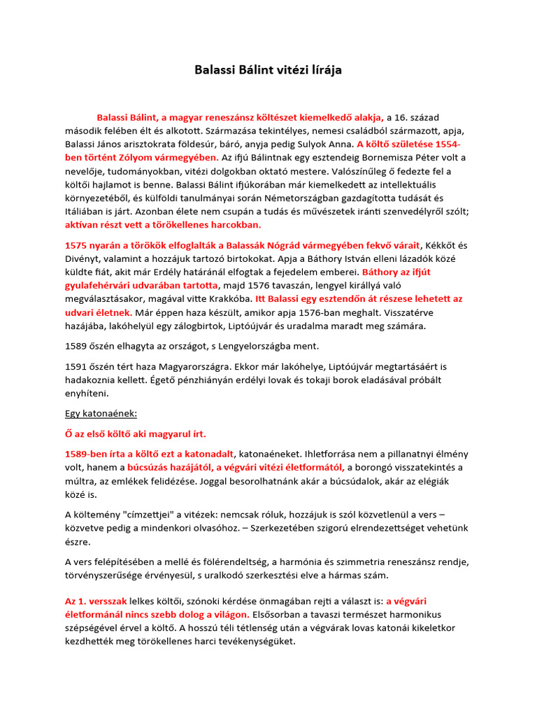 Balassi Bálint Vitézi Lírája | PDF