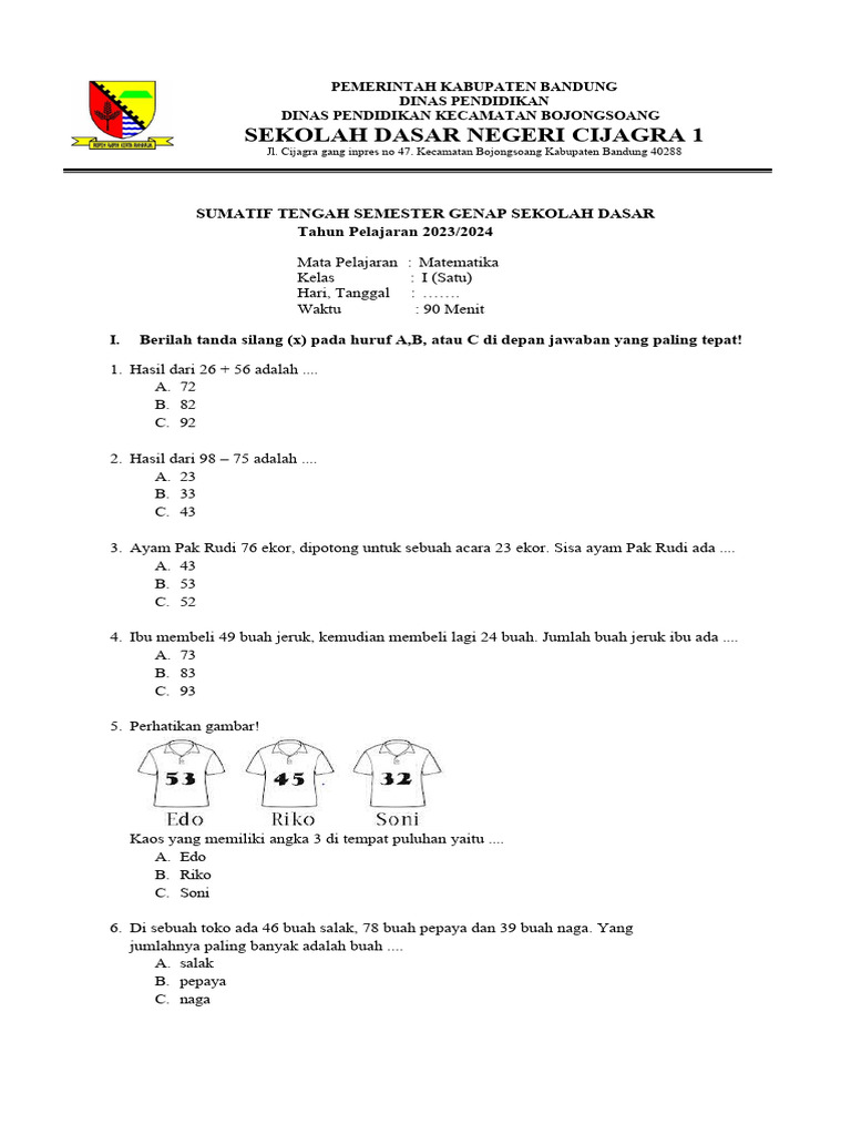 Soal STS 2 Matematika Kelas 1 | PDF