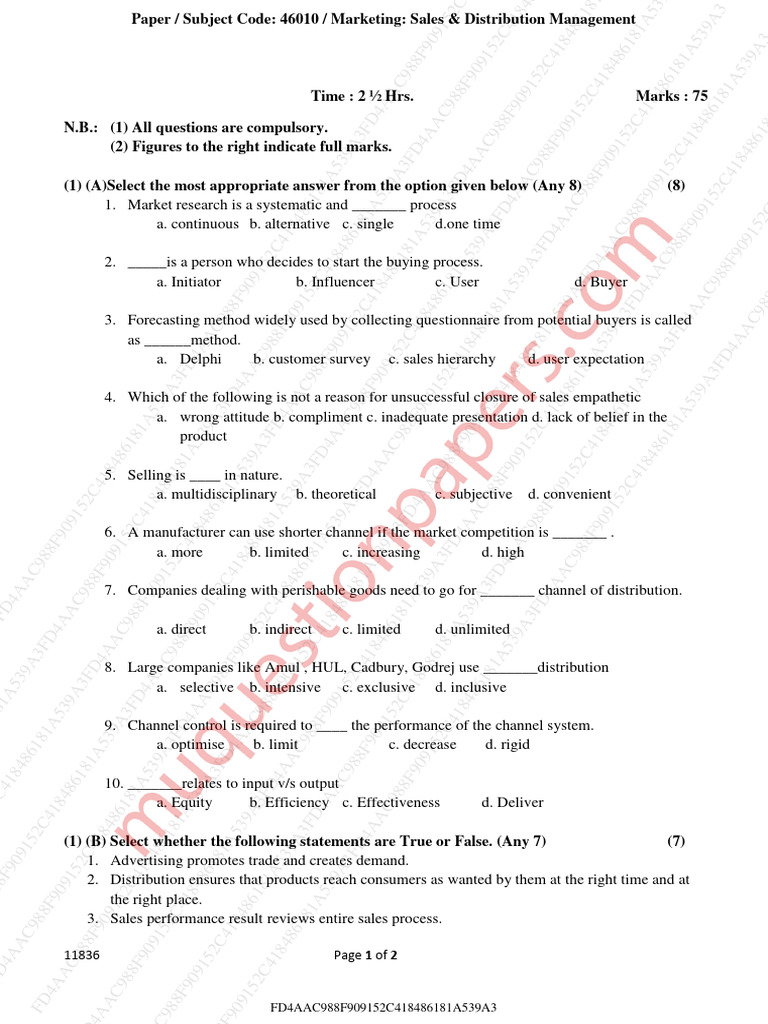 Sales & Distribution Exam Paper | PDF | Business Process | Business