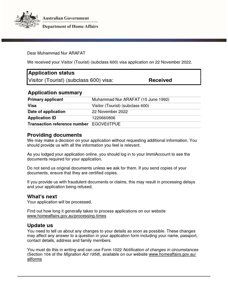IMMI Acknowledgement of Application Received | PDF