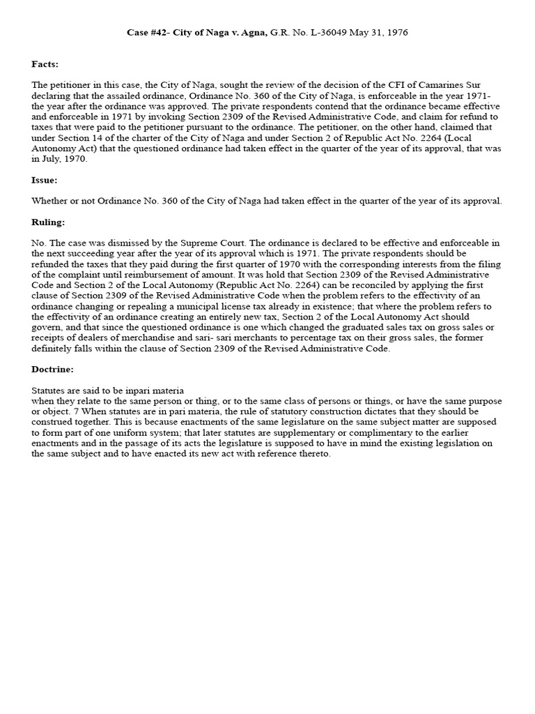 Case #42 City of Naga v. Agna, G.R. No. L-36049 | PDF