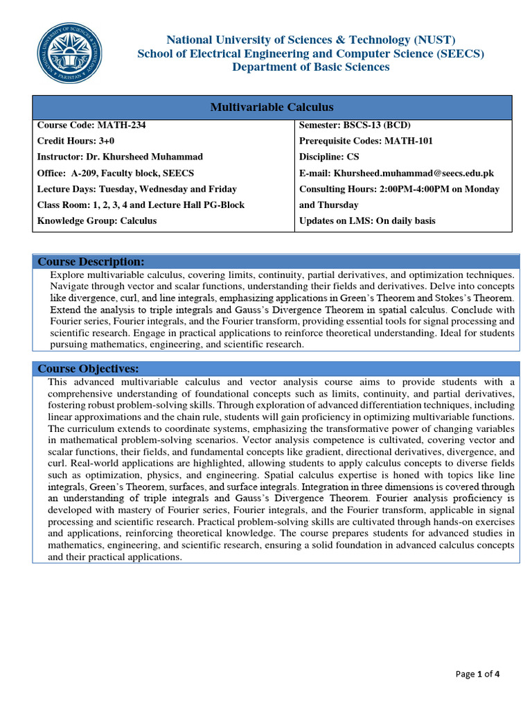 Course Outline MATH-234 Multivariable Calculus | PDF | Integral ...