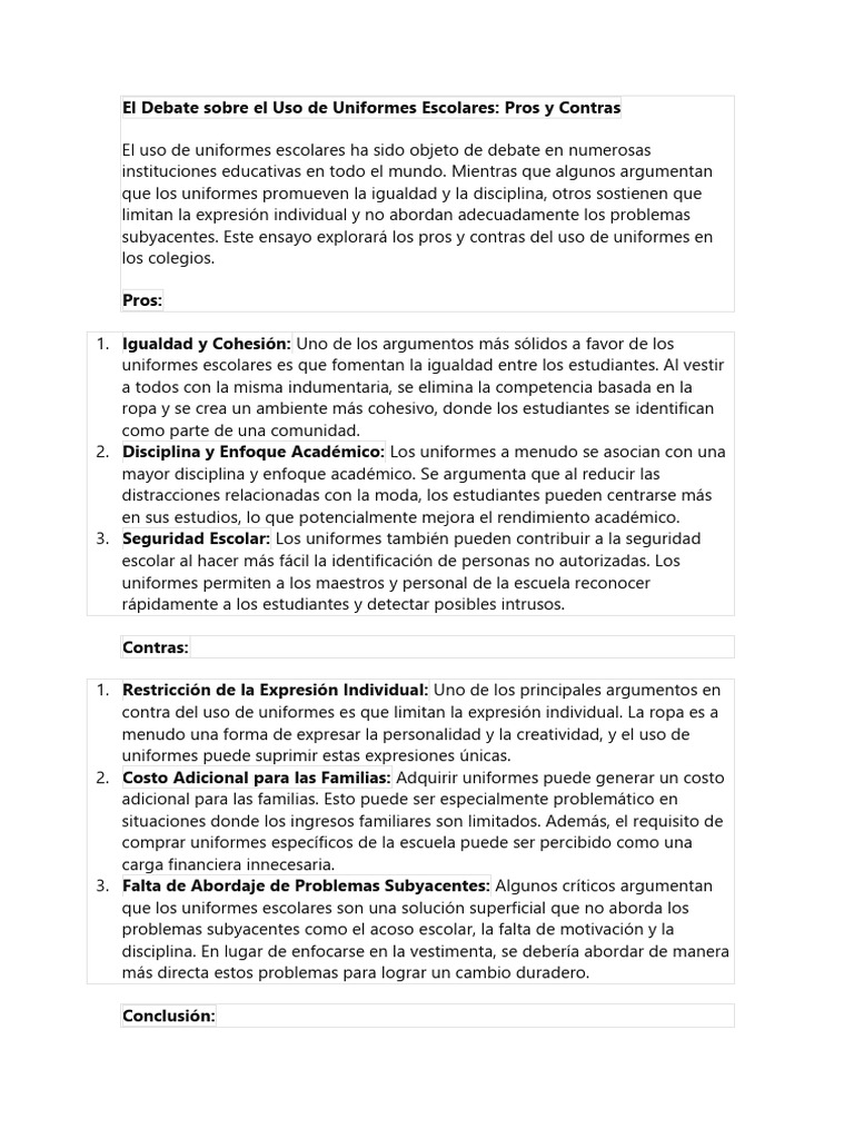 Uniformes Escolares: Pros y Contras | PDF