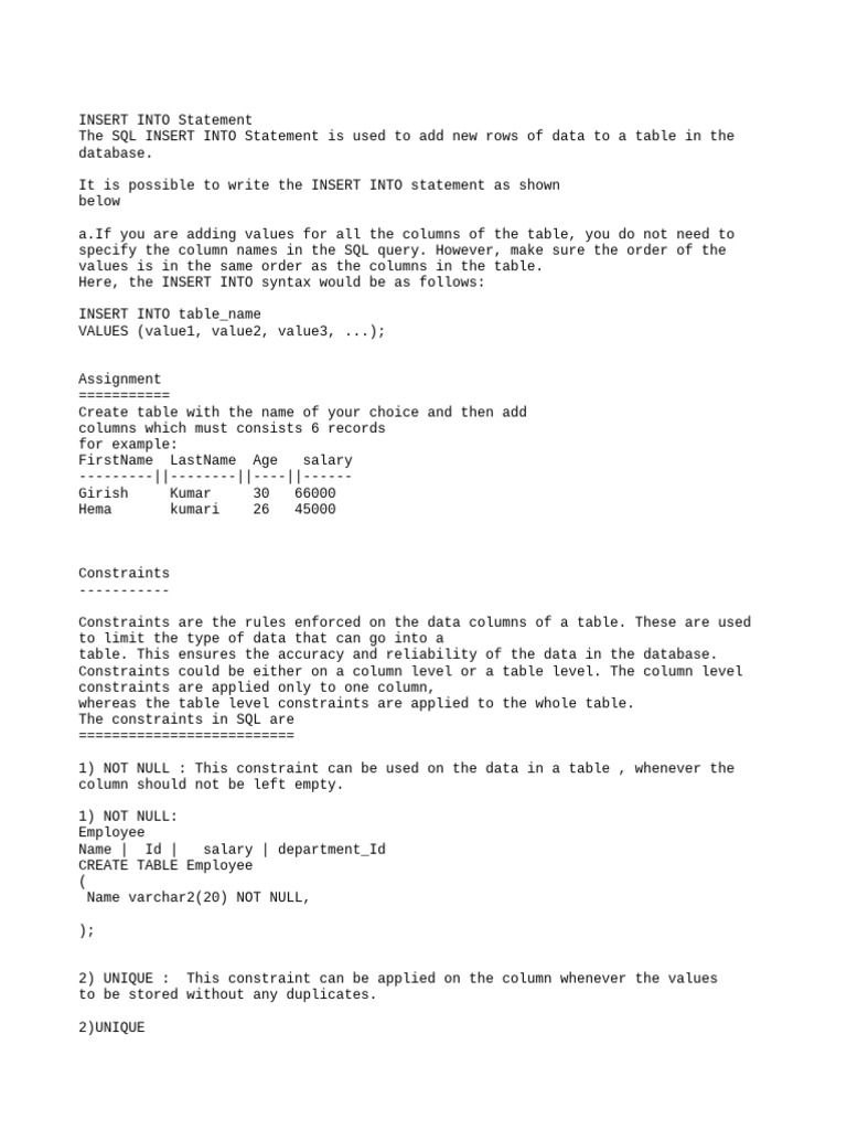 Notes 2 Constraints And Assignment Pdf Table Database Data Management 