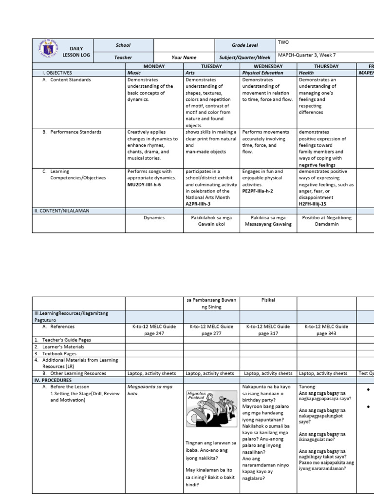 DLL MAPeH-2 Q3W7 | PDF