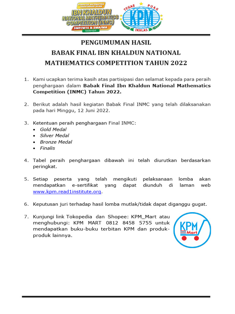 Hasil Babak Final INMC Level SMP | PDF