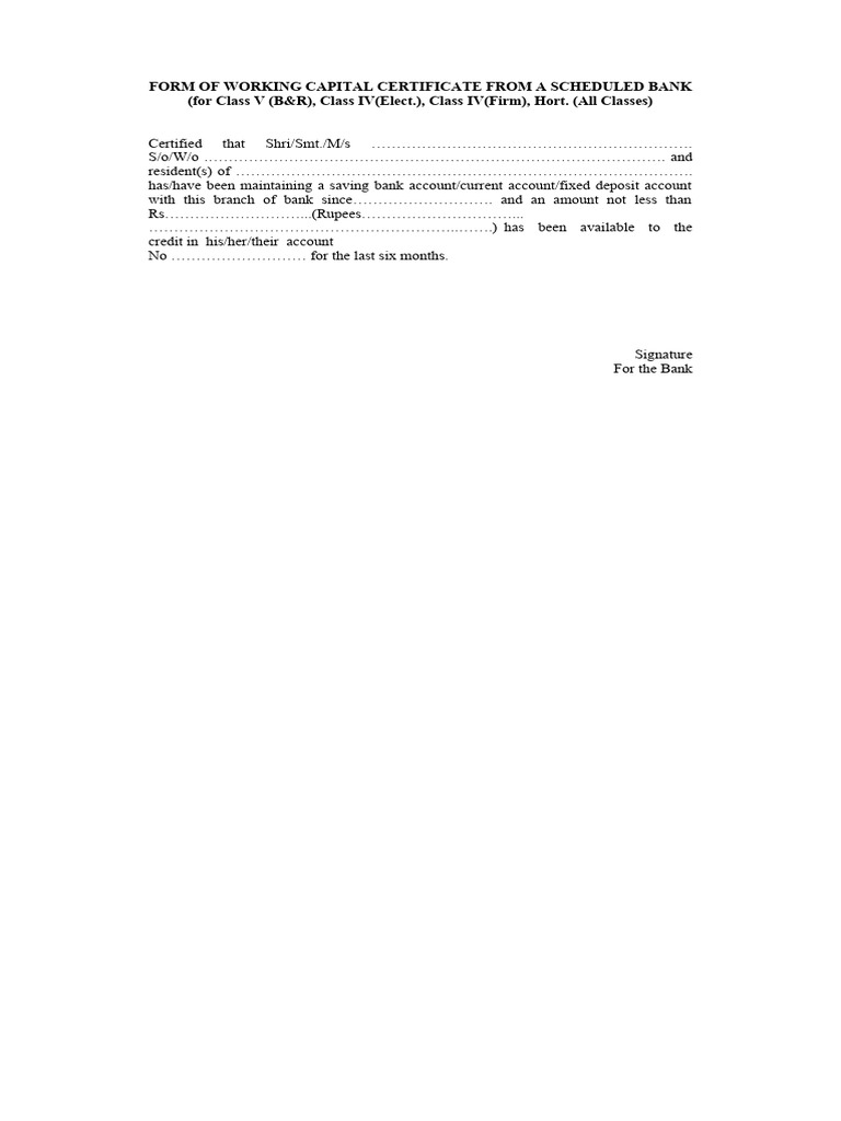 Form of Working Capital Certificate From A Scheduled Bank | PDF