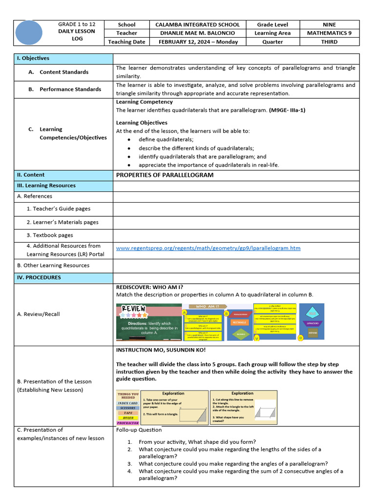 Q3 DLL Properties of Parallelogram | PDF | Differentiated Instruction | Educational Technology