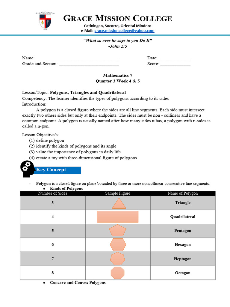 Q1W1 MATH7 Learning Activity Sheet3 | PDF | Triangle | Polygon