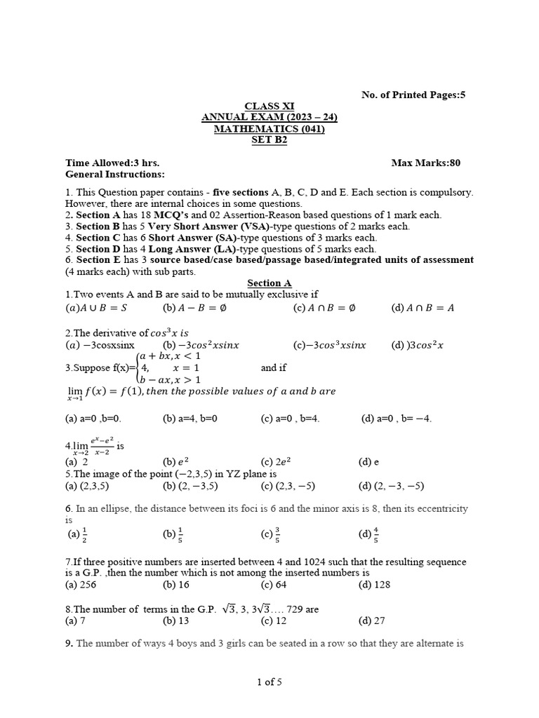 11-Maths-B2-Annual Exam 2023-24 | PDF | Function (Mathematics) | Variance