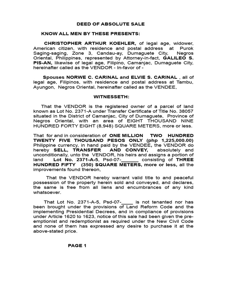 DEED OF ABSOLUTE SALE - Galileo Pis-An | PDF | Deed | Justice