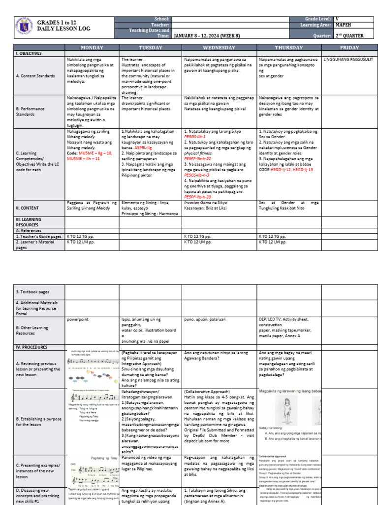 DLL - Mapeh 5 - Q2 - W8 | PDF