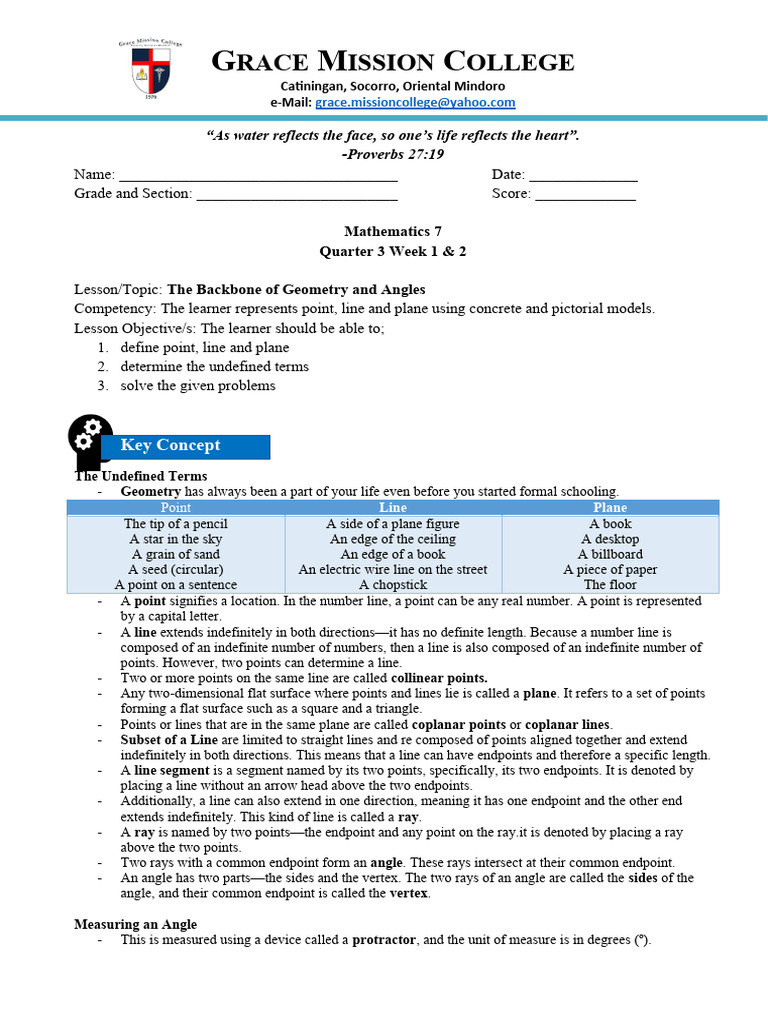 Q1W1 MATH7 Learning Activity Sheet1 | PDF | Line (Geometry) | Angle
