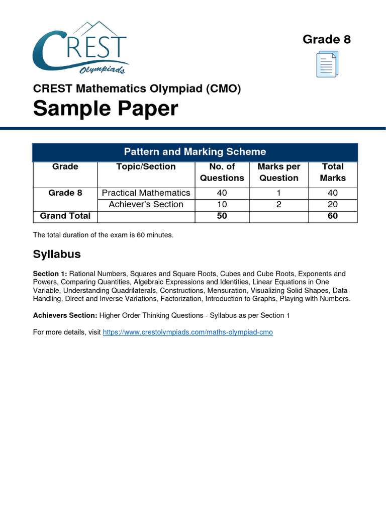 CMO Sample Paper For Class 8 | PDF | Odds | Numbers