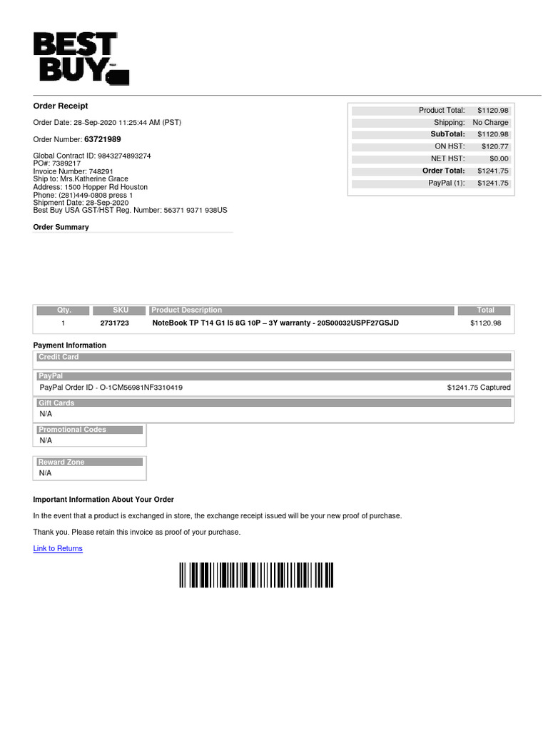 Order Receipt: Subtotal | PDF