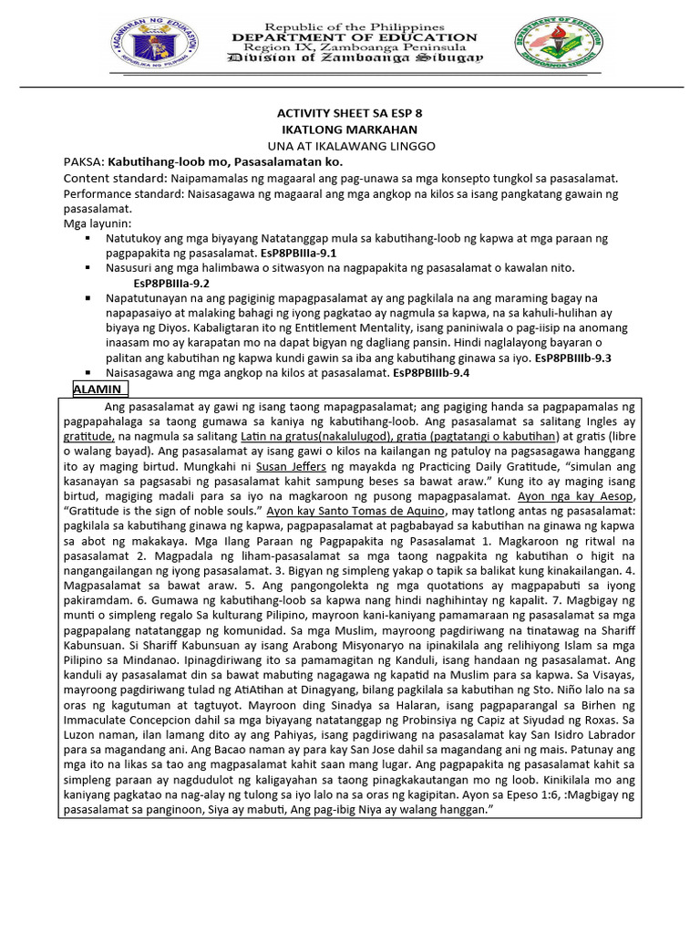 ACTIVITY SHEET SA ESP 8 | PDF