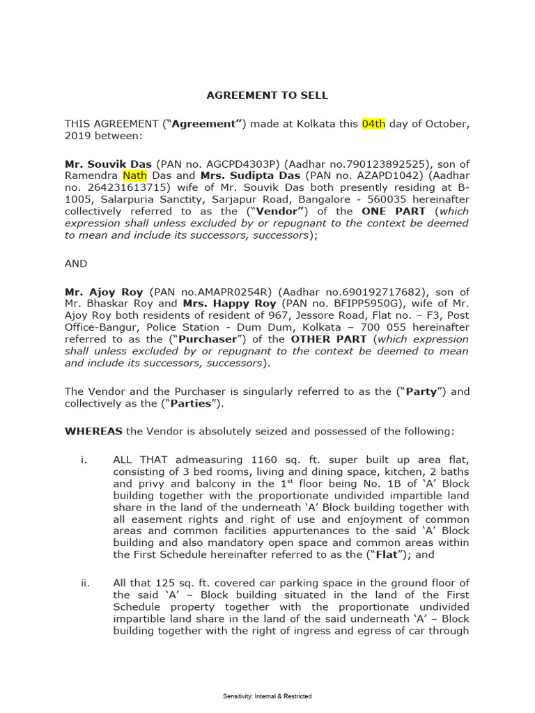 Agreement To Sale - Ajoy Roy - Ver1 - 280919 | PDF | Deed | Receipt