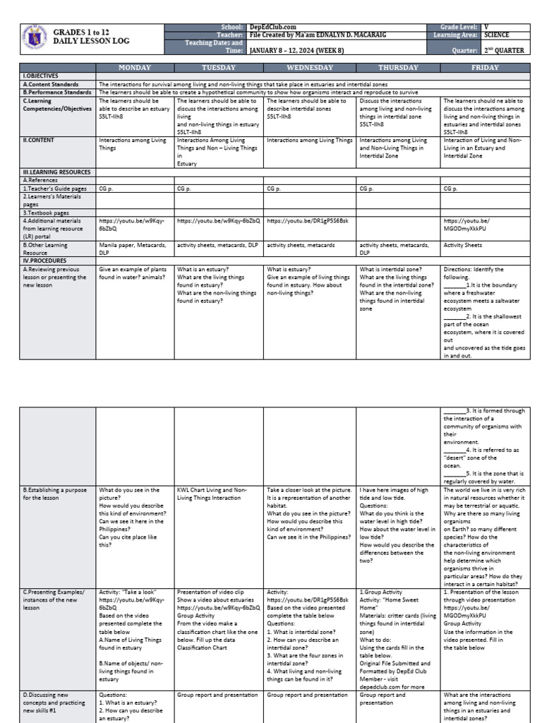 DLL - Science 5 - Q2 - W8 | PDF