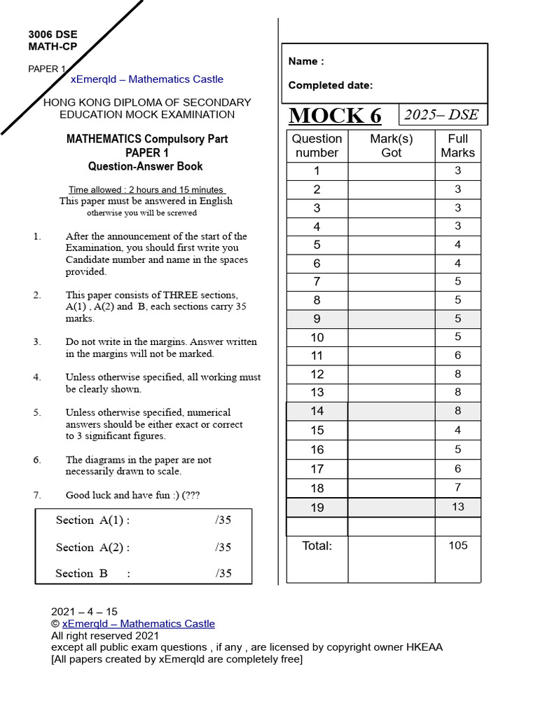 Maths Mock 6, Paper 1 (3006) | PDF | Sphere | Polynomial
