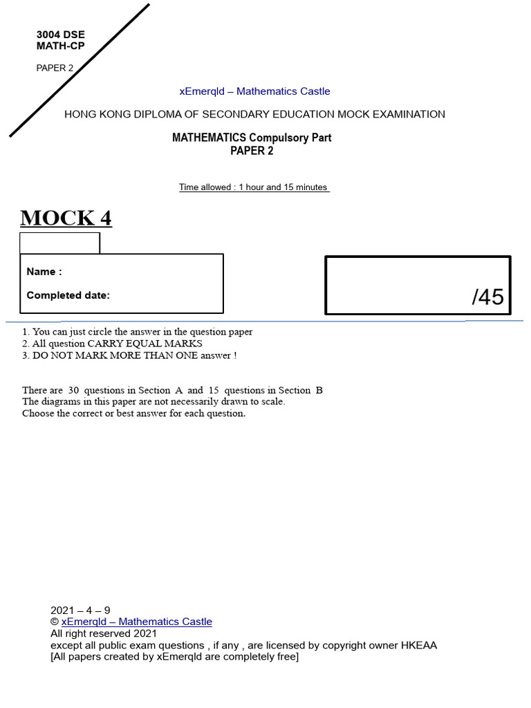 Maths Mock 4, Paper 2 (3004) | PDF | Cartesian Coordinate System | Circle