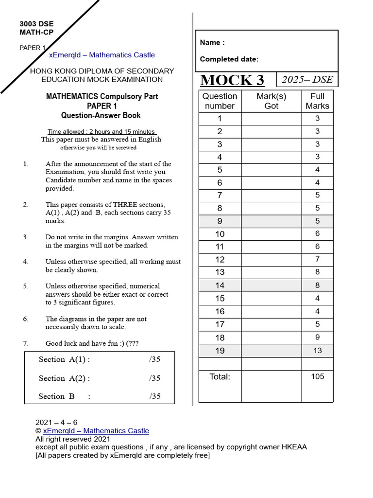 Maths Mock 3, Paper 1 (3003) | PDF