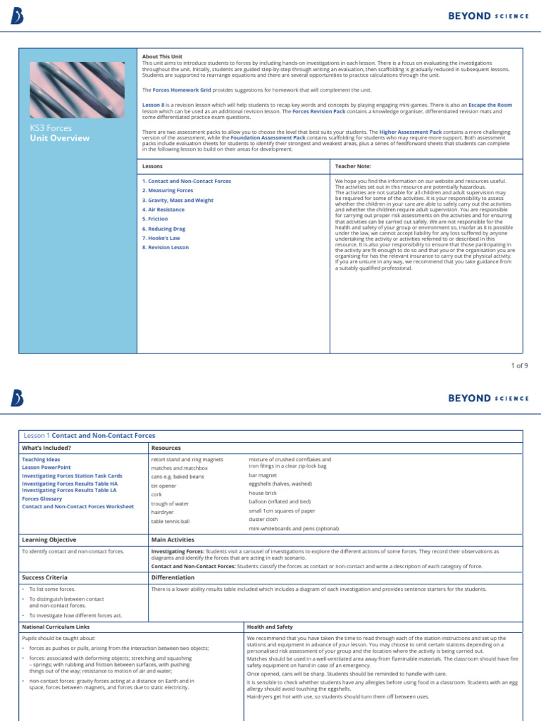 KS3 Forces Unit Overview | PDF | Force | Weight