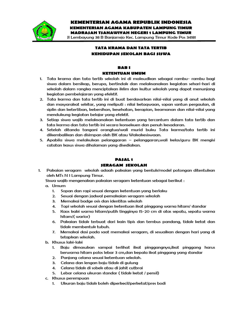 TATA KRAMA DAN TATA TERTIB SISWA MTSN 1 LAM-TIM | PDF TATA KRAMA DAN TATA TERTIB SISWA MTSN 1 LAM-TIM | PDF
