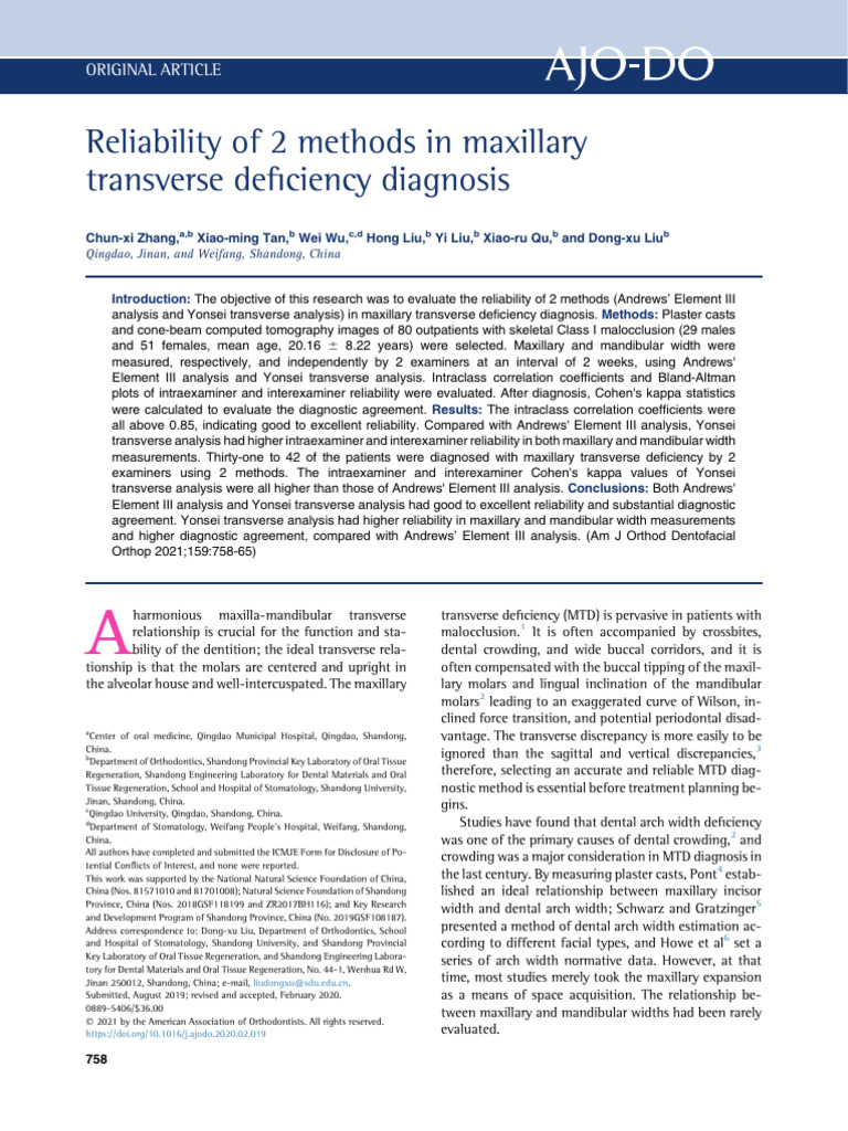 + AJO 2021 Reliability of 2 Methods in Maxillary Transverse Deficiency ...